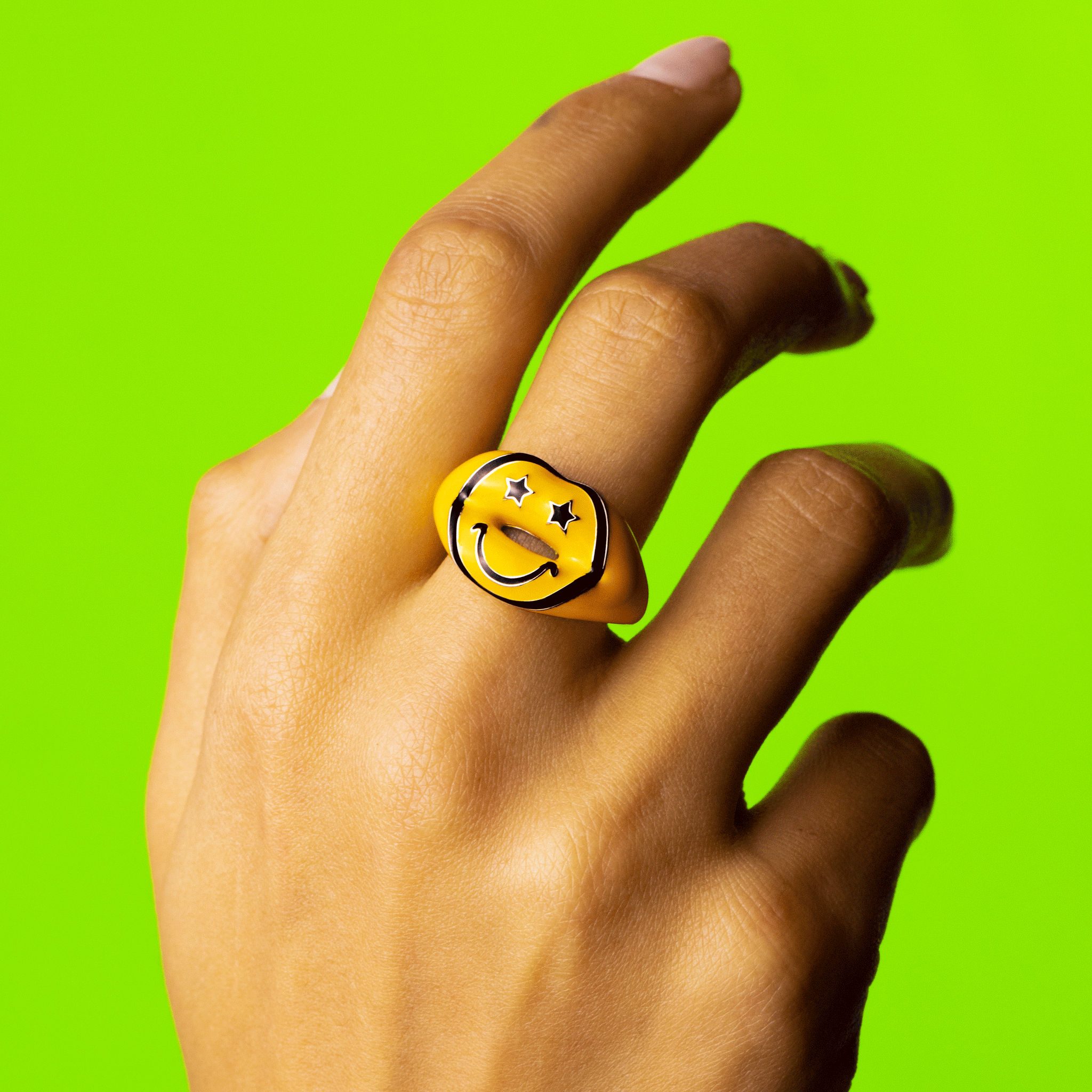 Happy Face Lips Ring - Silver and Enamel - Yellow - Hotlips By Solange